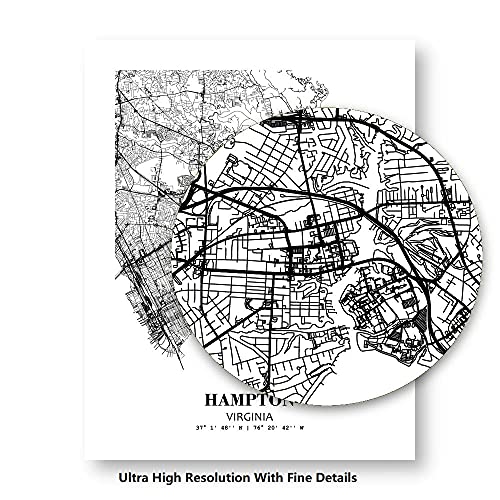 Eleville 24X36 Unframed Hampton Virginia City View Abstract Road Modern Map Art Print Poster Wall Office Home Decor Minimalist Line Art Hometown Housewarming wgn630