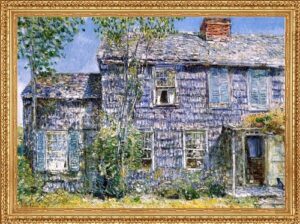 frederick childe hassam east hampton l.i. (also known as old mumford house) – 18″ x 27″ premium canvas print with antique gold finish frame