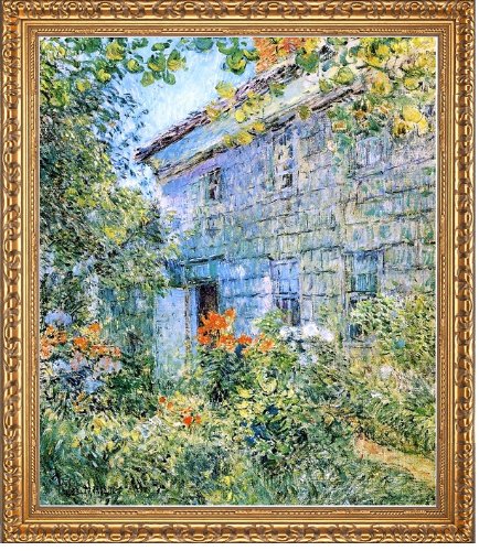 Frederick Childe Hassam An Old House and Garden- East Hampton - 20" x 25" Premium Canvas Print with Antique Gold Finish Frame