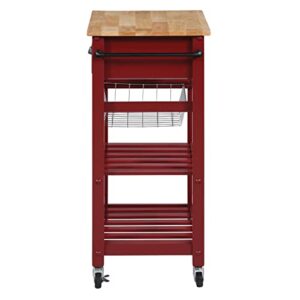 OS Home and Office Furniture Model HMPNW-9 Hampton Kitchen Cart in Red with Solid Rubberwood Top