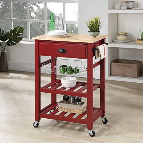 OS Home and Office Furniture Model HMPNW-9 Hampton Kitchen Cart in Red with Solid Rubberwood Top