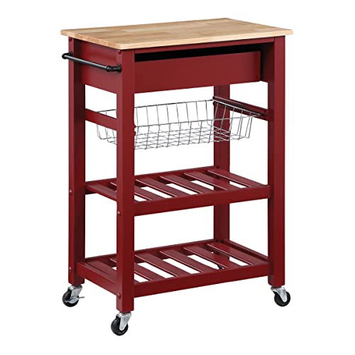 OS Home and Office Furniture Model HMPNW-9 Hampton Kitchen Cart in Red with Solid Rubberwood Top