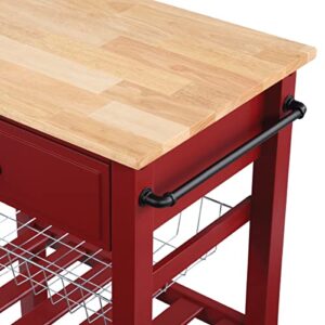 OS Home and Office Furniture Model HMPNW-9 Hampton Kitchen Cart in Red with Solid Rubberwood Top