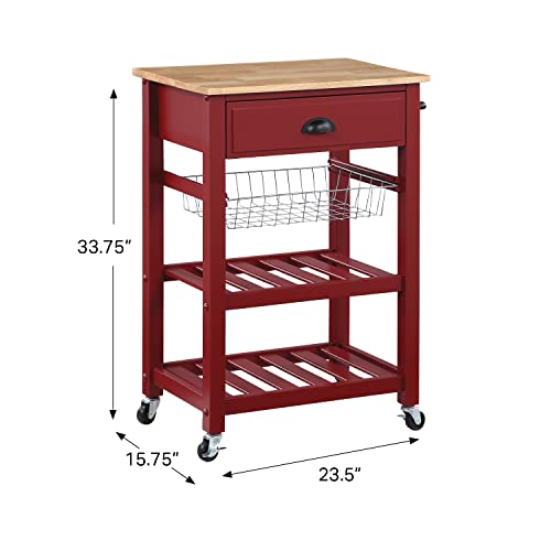 OS Home and Office Furniture Model HMPNW-9 Hampton Kitchen Cart in Red with Solid Rubberwood Top