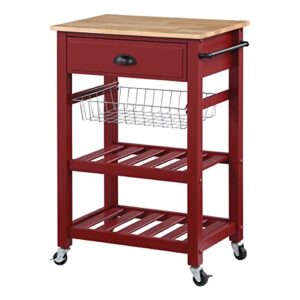 OS Home and Office Furniture Model HMPNW-9 Hampton Kitchen Cart in Red with Solid Rubberwood Top