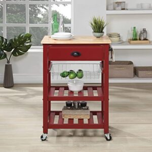 OS Home and Office Furniture Model HMPNW-9 Hampton Kitchen Cart in Red with Solid Rubberwood Top