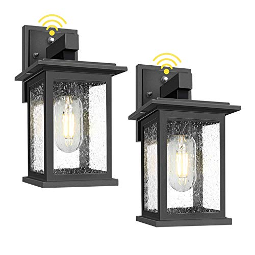 2-Pack Dusk to Dawn Sensor Outdoor Wall Lanterns Wall Lights, Exterior Photocell Porch Light Fixture Wall Mount Lamp, Waterproof Anti-Rust Outside Black Wall Sconce for House Garage, Seeded Glass