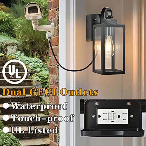 MoMyofdy Outdoor Lights with GFCI Outlet, Dusk to Dawn Wall Light Fixture Porch Light Wall Lantern, Waterproof Exterior Wall Sconce, Auto On/Off Wall Mounted Lighting Black for House Outside Garage