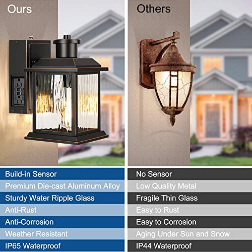 Dusk to Dawn Outdoor Porch Lights with 2 GFCI Outlets, Waterproof Wall Lights Mount for House, Aluminum Anti-Rust Exterior Light Fixture, Wall Sconce, Wall Lamp, Wall Lantern for Balcony, Garage