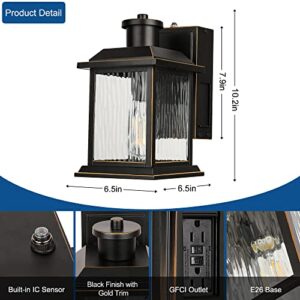 Dusk to Dawn Outdoor Porch Lights with 2 GFCI Outlets, Waterproof Wall Lights Mount for House, Aluminum Anti-Rust Exterior Light Fixture, Wall Sconce, Wall Lamp, Wall Lantern for Balcony, Garage