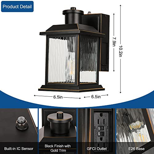 Dusk to Dawn Outdoor Porch Lights with 2 GFCI Outlets, Waterproof Wall Lights Mount for House, Aluminum Anti-Rust Exterior Light Fixture, Wall Sconce, Wall Lamp, Wall Lantern for Balcony, Garage