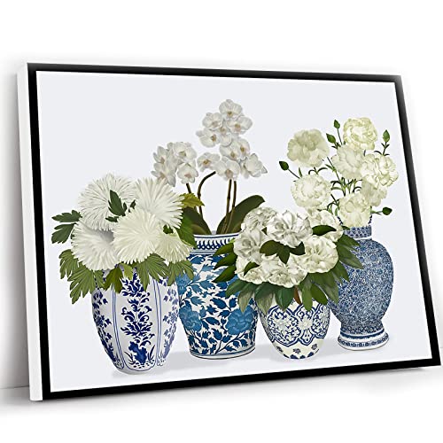 Kitchen Farmhouse Decor,Floral Art Print,Chinoiserie Vase Art,Blue And White China,Oriental Decor,Chinese Wall Art,White Flowers Illustration,Hamptons Decor,8x12 Inch Framed Wall Art