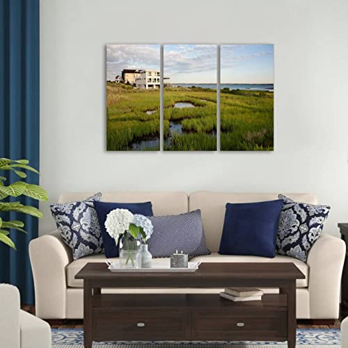 Canvas Wall Art Prints Pictures House in The Hamptons Stretched & Framed Modern Wall Painting Home Decor for Living Room Bedroom Ready to Hang 3 Piece