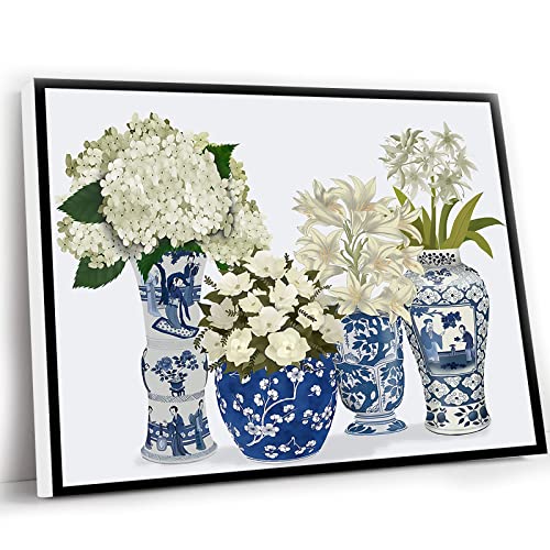 Windrain Home Decor Farmhouse,Chinoiserie Blue And White Ginger Jar Floral Prints,Hamptons Coastal Art,Chinese Wall Art,Living Room Wall,Hydrangea Magnolia Lilies,16x24 Inch Framed Wall Art white 9