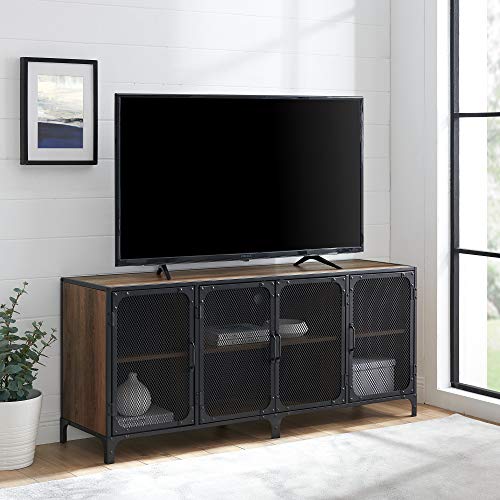 Walker Edison Malcomb Urban Industrial 4 Door Metal Mesh TV Console for TVs up to 65 Inches, 60 Inch, Rustic Oak