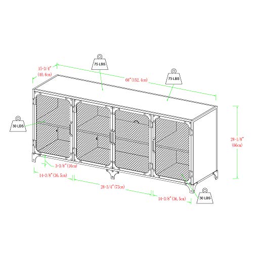 Walker Edison Malcomb Urban Industrial 4 Door Metal Mesh TV Console for TVs up to 65 Inches, 60 Inch, Rustic Oak