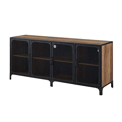 Walker Edison Malcomb Urban Industrial 4 Door Metal Mesh TV Console for TVs up to 65 Inches, 60 Inch, Rustic Oak