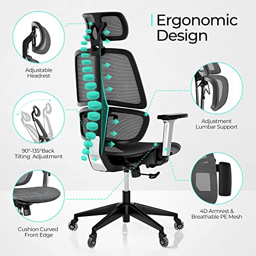 LINSY HOME High-Back Office Chair, Swivel Ergonomic Task Chair with Adjustable Headrest and Arms, Lumbar Support and PU Wheels, Computer Mesh Chair for Home Office, Grey