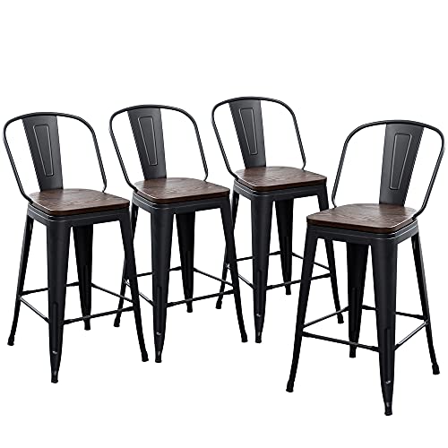 Yongqiang 26" Bar Stools Set of 4 High Back Metal Counter Height Chairs Barstools with Wooden Seat Industrial Matte Black