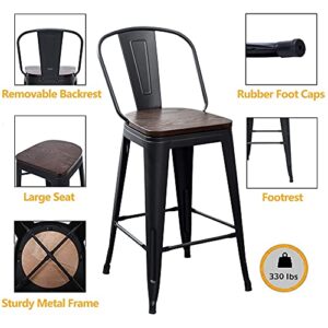 Yongqiang 26" Bar Stools Set of 4 High Back Metal Counter Height Chairs Barstools with Wooden Seat Industrial Matte Black