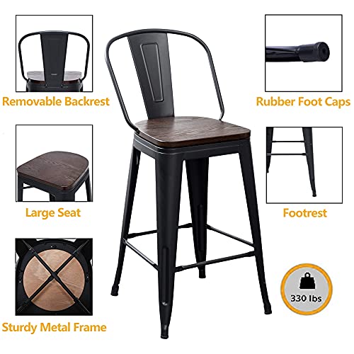 Yongqiang 26" Bar Stools Set of 4 High Back Metal Counter Height Chairs Barstools with Wooden Seat Industrial Matte Black