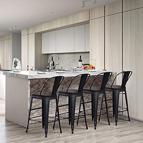 Yongqiang 26" Bar Stools Set of 4 High Back Metal Counter Height Chairs Barstools with Wooden Seat Industrial Matte Black