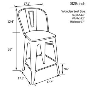 Yongqiang 26" Bar Stools Set of 4 High Back Metal Counter Height Chairs Barstools with Wooden Seat Industrial Matte Black