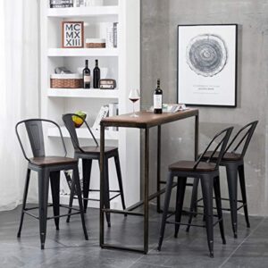 Yongqiang 26" Bar Stools Set of 4 High Back Metal Counter Height Chairs Barstools with Wooden Seat Industrial Matte Black