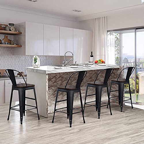 Yongqiang 26" Bar Stools Set of 4 High Back Metal Counter Height Chairs Barstools with Wooden Seat Industrial Matte Black