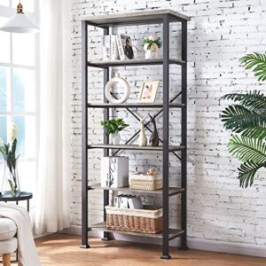 hombazaar bookshelf, 6-tier vintage industrial book shelf, rustic wood and metal bookcase and bookshelves, free standing storage large bookshelf for living room, bedroom and kitchen, grey oak