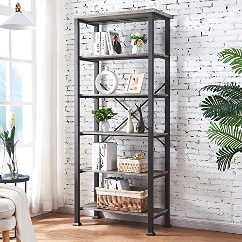 HOMBAZAAR Bookshelf, 6-Tier Vintage Industrial Book Shelf, Rustic Wood and Metal Bookcase and Bookshelves, Free Standing Storage Large Bookshelf for Living Room, Bedroom and Kitchen, Grey Oak