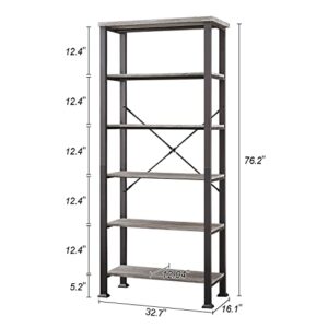 HOMBAZAAR Bookshelf, 6-Tier Vintage Industrial Book Shelf, Rustic Wood and Metal Bookcase and Bookshelves, Free Standing Storage Large Bookshelf for Living Room, Bedroom and Kitchen, Grey Oak