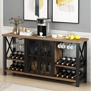 o&k furniture wine bar cabinet for liquor and glass with storage & led lights, rustic metal wood wine rack buffet cabinet, industrial coffee bar cabinet for living room, home bar (brown)