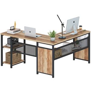 fatorri l shaped computer desk, industrial office desk with shelves, rustic wood and metal corner desk for home office (rustic oak, 59 inch)