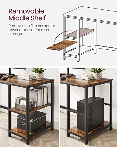 VASAGLE ALINRU Computer Desk, 55.1-Inch Wide Home Office Desk for Study, Writing Desk with 2 Shelves on Left or Right, Steel Frame, Industrial, Rustic Brown and Black ULWD55X