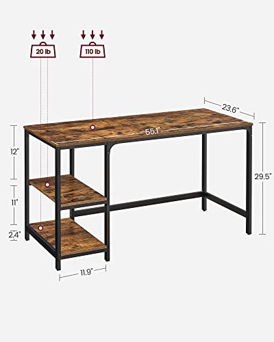 VASAGLE ALINRU Computer Desk, 55.1-Inch Wide Home Office Desk for Study, Writing Desk with 2 Shelves on Left or Right, Steel Frame, Industrial, Rustic Brown and Black ULWD55X