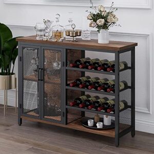 giftgo industrial bar cabinet for liquor and glasses wood and metal freestanding wine rack table accent sideboard buffet cabinet (rustic brown)