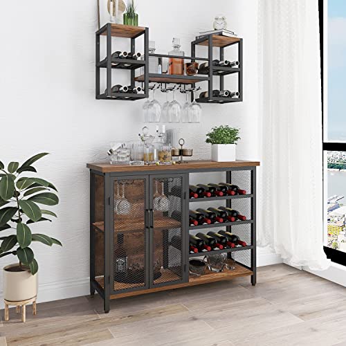 GiftGo Industrial Bar Cabinet for Liquor and Glasses Wood and Metal Freestanding Wine Rack Table Accent Sideboard Buffet Cabinet (Rustic Brown)