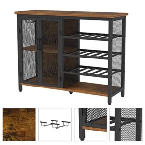 GiftGo Industrial Bar Cabinet for Liquor and Glasses Wood and Metal Freestanding Wine Rack Table Accent Sideboard Buffet Cabinet (Rustic Brown)