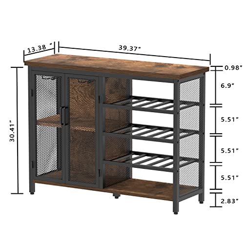 GiftGo Industrial Bar Cabinet for Liquor and Glasses Wood and Metal Freestanding Wine Rack Table Accent Sideboard Buffet Cabinet (Rustic Brown)