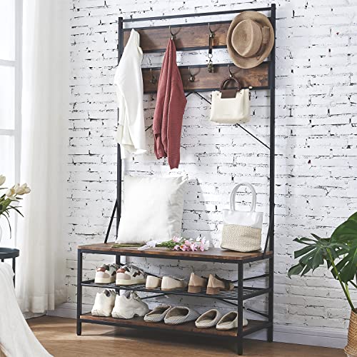 HOMBAZAAR Coat Rack 3 in 1 Hall Tree, Industrial Hall Tree with Bench and Shoe Storage, 7 Hooks Coat Rack Freestanding for Entryway, Hallway, Garage, Bedroom