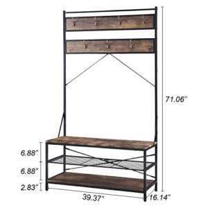 HOMBAZAAR Coat Rack 3 in 1 Hall Tree, Industrial Hall Tree with Bench and Shoe Storage, 7 Hooks Coat Rack Freestanding for Entryway, Hallway, Garage, Bedroom