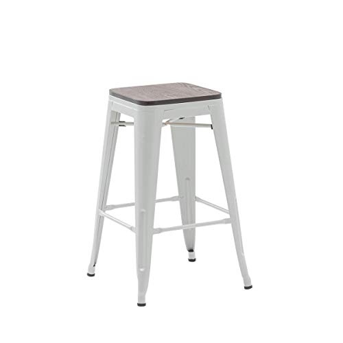 Alunaune 24" Metal Bar Stools Set of 4 Industrial Backless Counter Height Barstools Kitchen Patio Stool Stackable with Wooden Seat- White