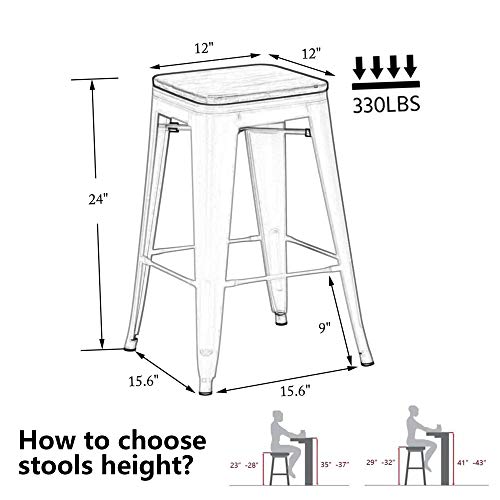 Alunaune 24" Metal Bar Stools Set of 4 Industrial Backless Counter Height Barstools Kitchen Patio Stool Stackable with Wooden Seat- White