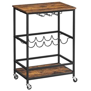 vasagle bar cart, serving cart with wheels, glass stemware rack and wine bottle holders, 15.7 x 23.6 x 29.5 inches, industrial, rustic brown and black ulrc087b01