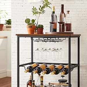 VASAGLE Bar Cart, Serving Cart with Wheels, Glass Stemware Rack and Wine Bottle Holders, 15.7 x 23.6 x 29.5 Inches, Industrial, Rustic Brown and Black ULRC087B01