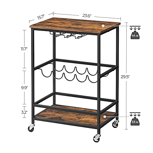 VASAGLE Bar Cart, Serving Cart with Wheels, Glass Stemware Rack and Wine Bottle Holders, 15.7 x 23.6 x 29.5 Inches, Industrial, Rustic Brown and Black ULRC087B01