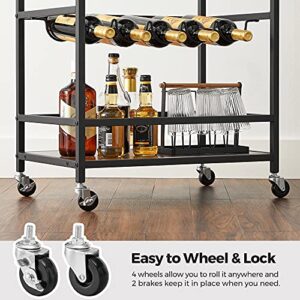 VASAGLE Bar Cart, Serving Cart with Wheels, Glass Stemware Rack and Wine Bottle Holders, 15.7 x 23.6 x 29.5 Inches, Industrial, Rustic Brown and Black ULRC087B01