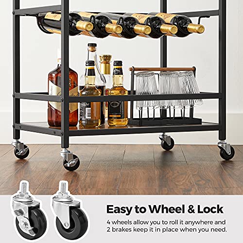 VASAGLE Bar Cart, Serving Cart with Wheels, Glass Stemware Rack and Wine Bottle Holders, 15.7 x 23.6 x 29.5 Inches, Industrial, Rustic Brown and Black ULRC087B01