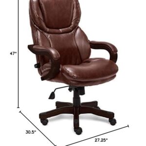 Serta Big and Tall Executive Office Chair with Wood Accents Adjustable High Back Ergonomic Lumbar Support, Bonded Leather, 30.5D x 27.25W x 47H in, Chestnut Brown